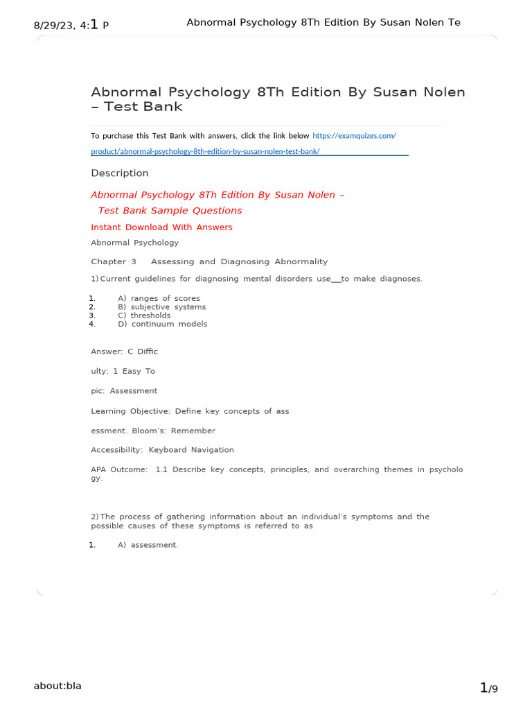 Abnormal Psychology 8th Edition by Susan Nolen Test Bank | PDF ...