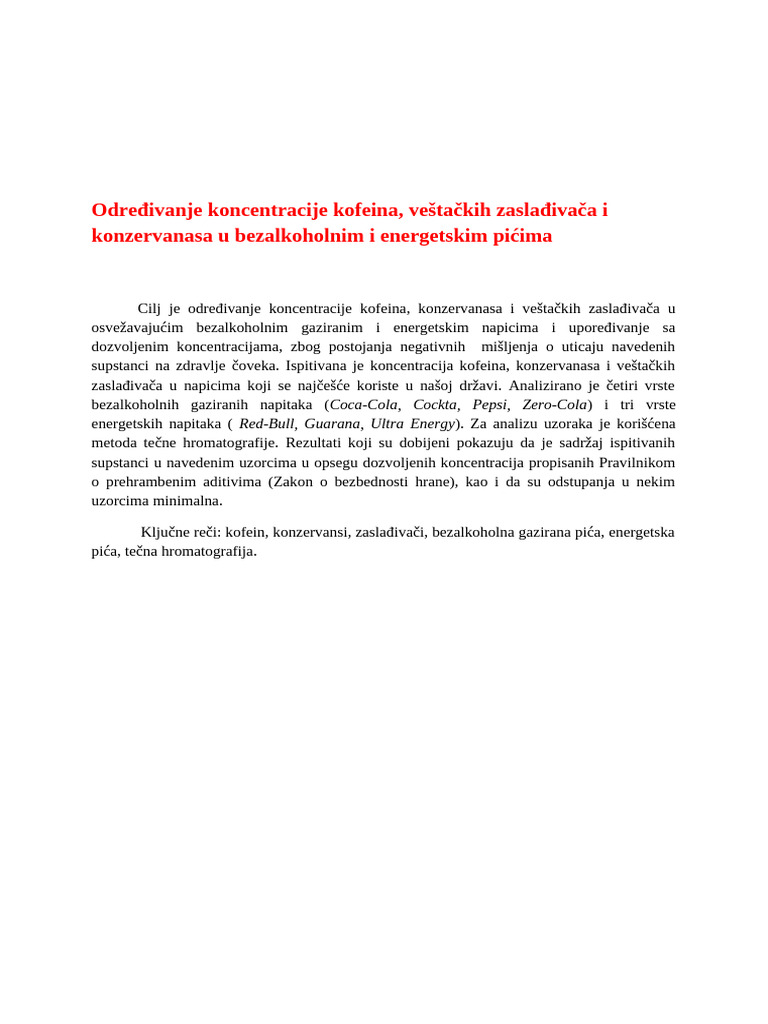 Određivanje Konc Kofeina, Veštačkih Zaslađivača I Konzervanasa U ...