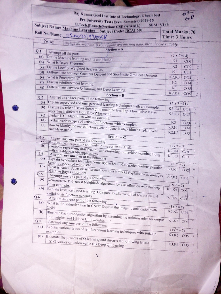 Aktu Put Machine Learning Questions Paper | PDF