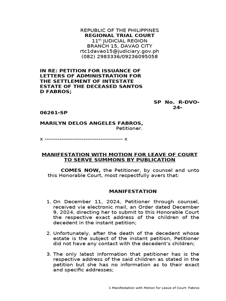 Manifestation With Motion For Leave of Court To Serve Summons by ...