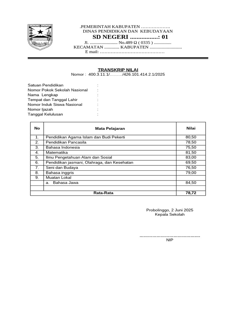 Contoh Transkrip Nilai - 1 | PDF