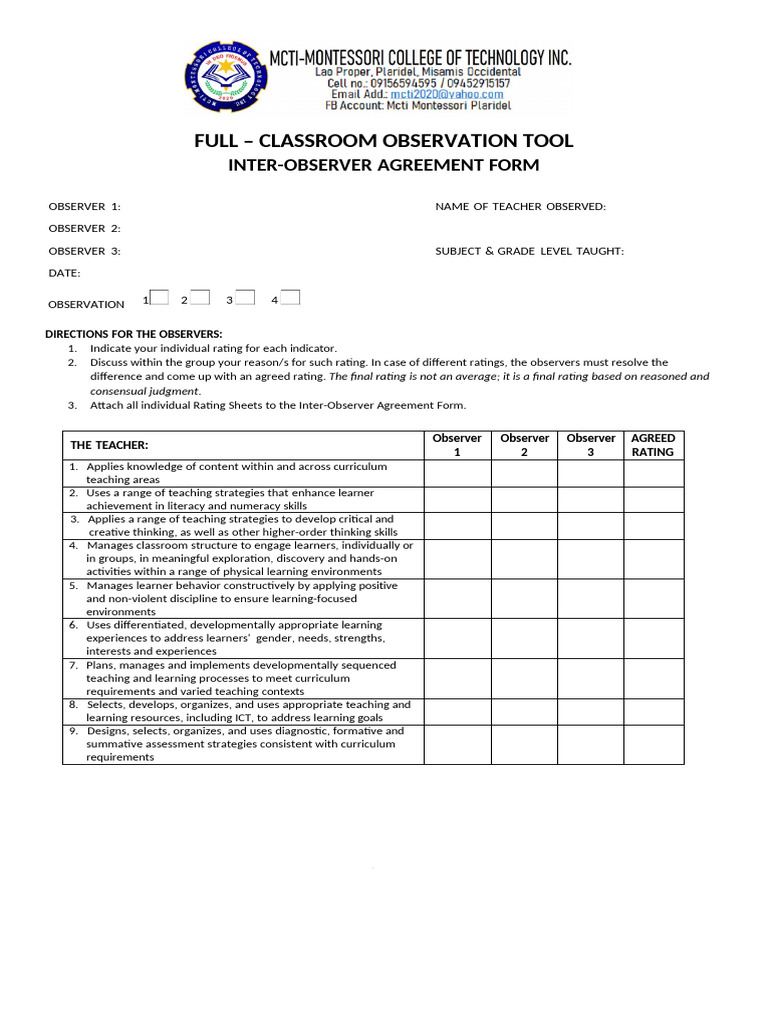 6.2 Inter Observer Agreement Form - Teacher I III 051018 | PDF ...