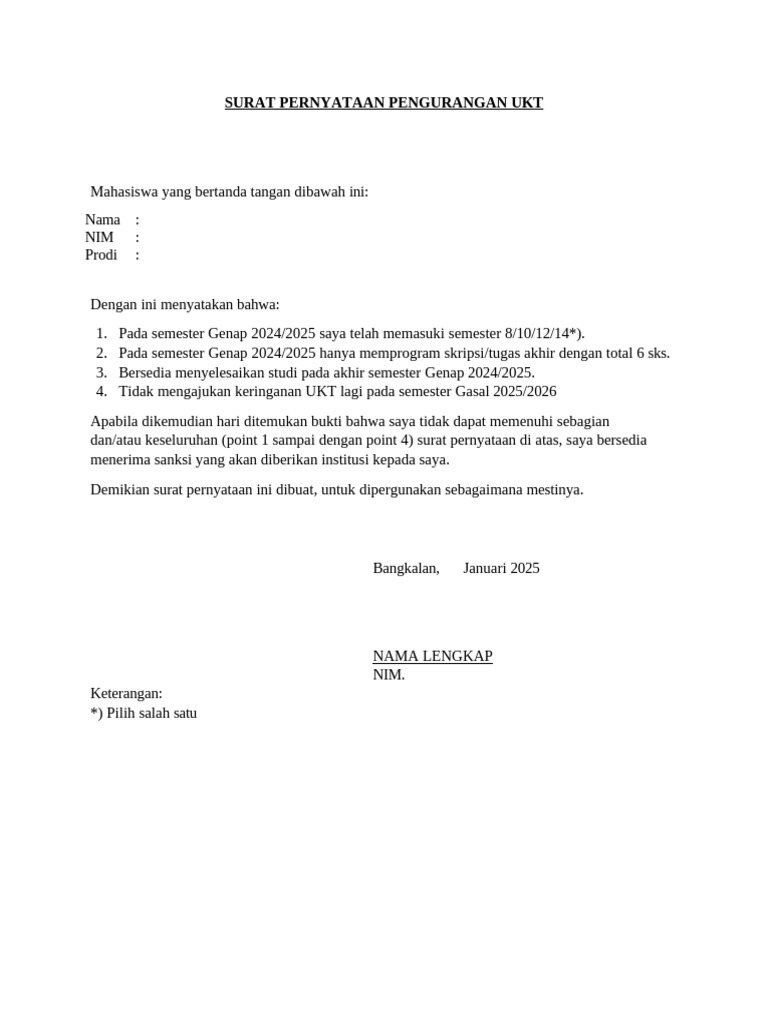 SURAT PERNYATAAN PENGURANGAN UKT (1) | PDF