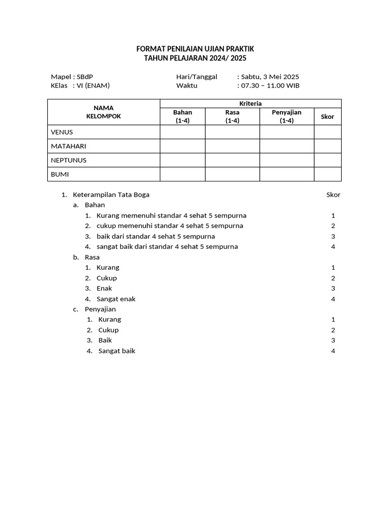 Form Penilaian Ujian Praktik SBDP | PDF