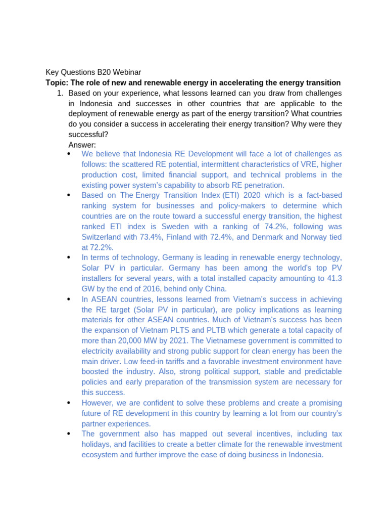 Key Questions B20 Webinar | PDF | Renewable Energy | Photovoltaics