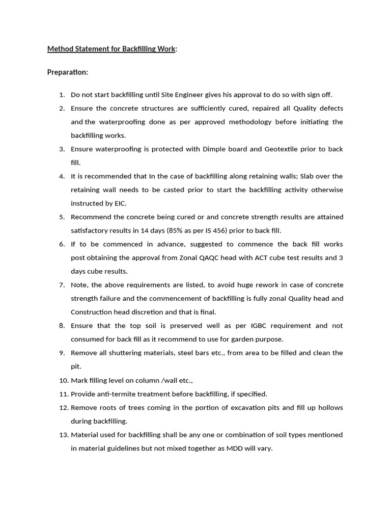 Method Statement For Backfilling Work: Preparation | PDF