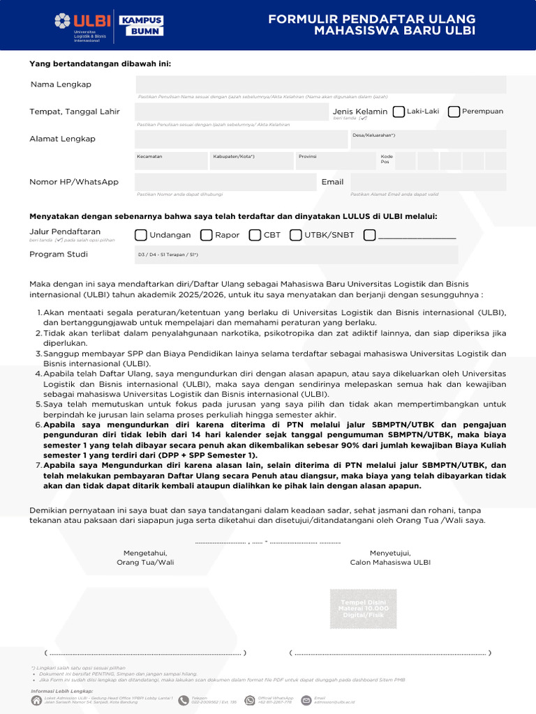 Surat Pernyataan Daftar Ulang Mahasiswa Baru Ulbi - Reguler | PDF