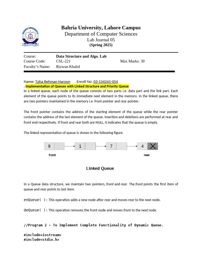 DSA Lab 5 05032025 060750amgoooooooooooood | PDF | Queue (Abstract Data Type) | Pointer ...
