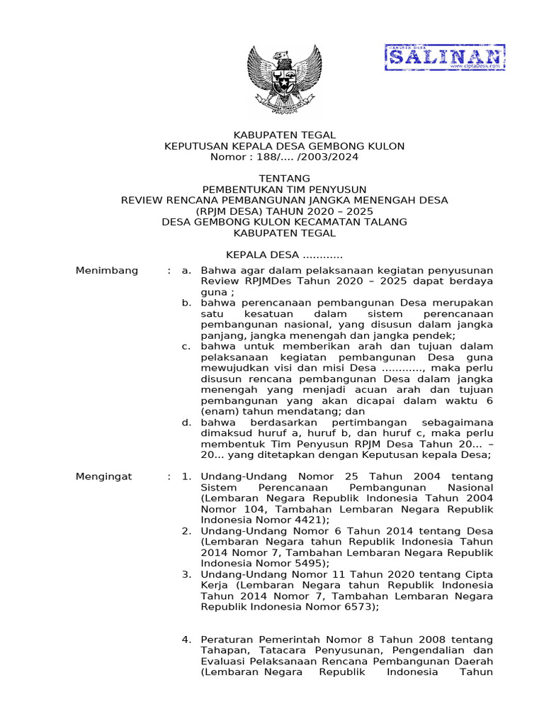01.1 - SK Tim Penyusun Review RPJM Desa | PDF