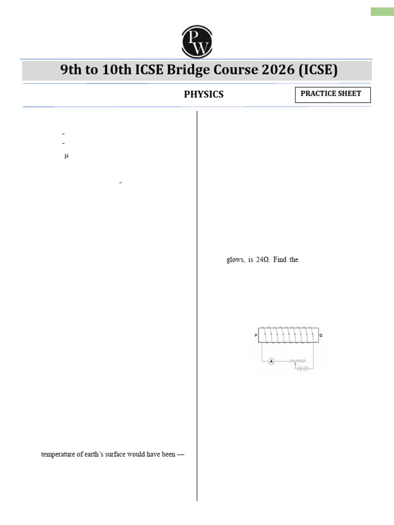 Physics _ Practice Sheet __ 9th to 10th Bridge Course 2026 (ICSE) | PDF ...