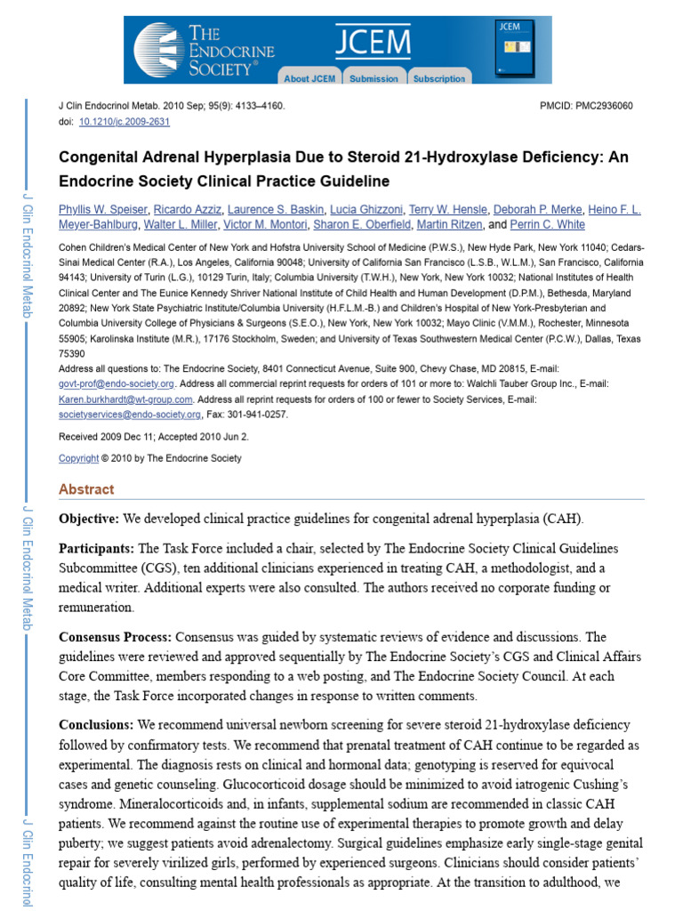 CAH Guidelines Endocrine Society Consensus | PDF | Fetus | Prenatal ...