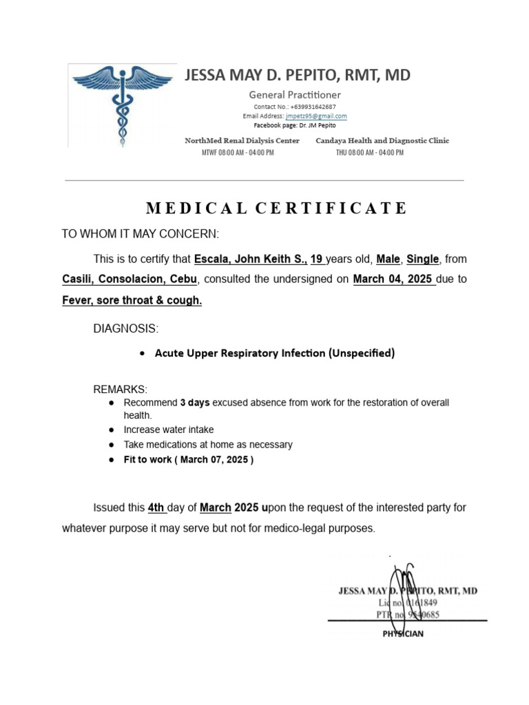 Medical Certificate: Jessa May D. Pepito, RMT, MD | PDF