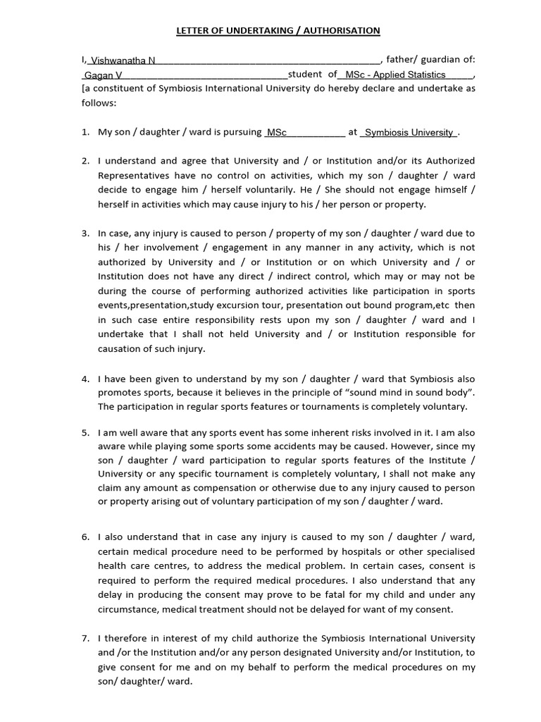 Indemnification Undertaking by Student - 3 | PDF | Insurance | Consent