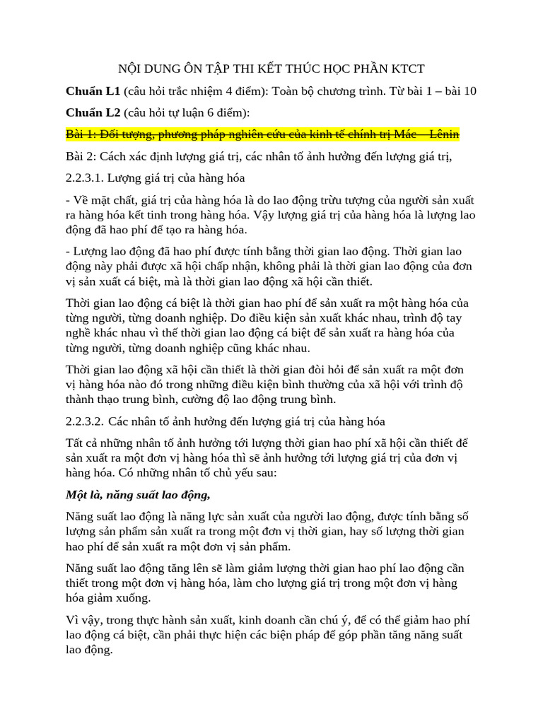 NỘI DUNG ÔN TẬP THI KẾT THÚC HP MÔN KTCT | PDF