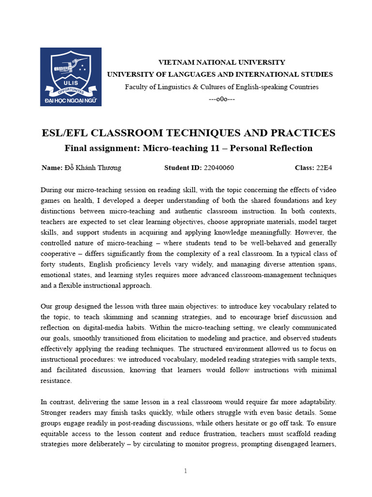 ESL/EFL Micro-Teaching Reflection | PDF | English As A Second Or ...