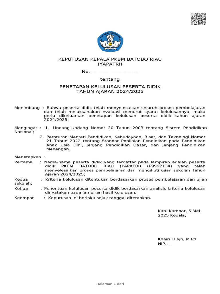 1 SK Penetapan Kelulusan Paket C PKBM Batobo 2024 2025 | PDF