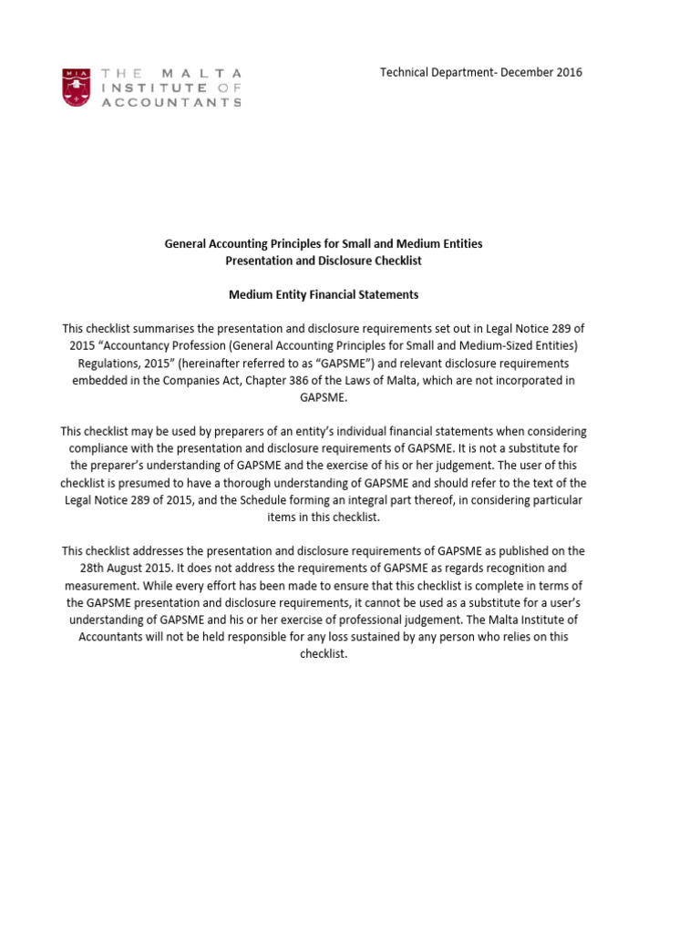 GAPSME Disclosure Checklist - Medium Company Limited | PDF | Fair Value ...