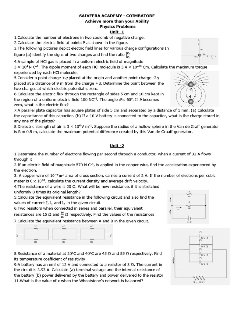 12th Physics Unit 1 & 2 Problems | PDF | Capacitor | Resistor