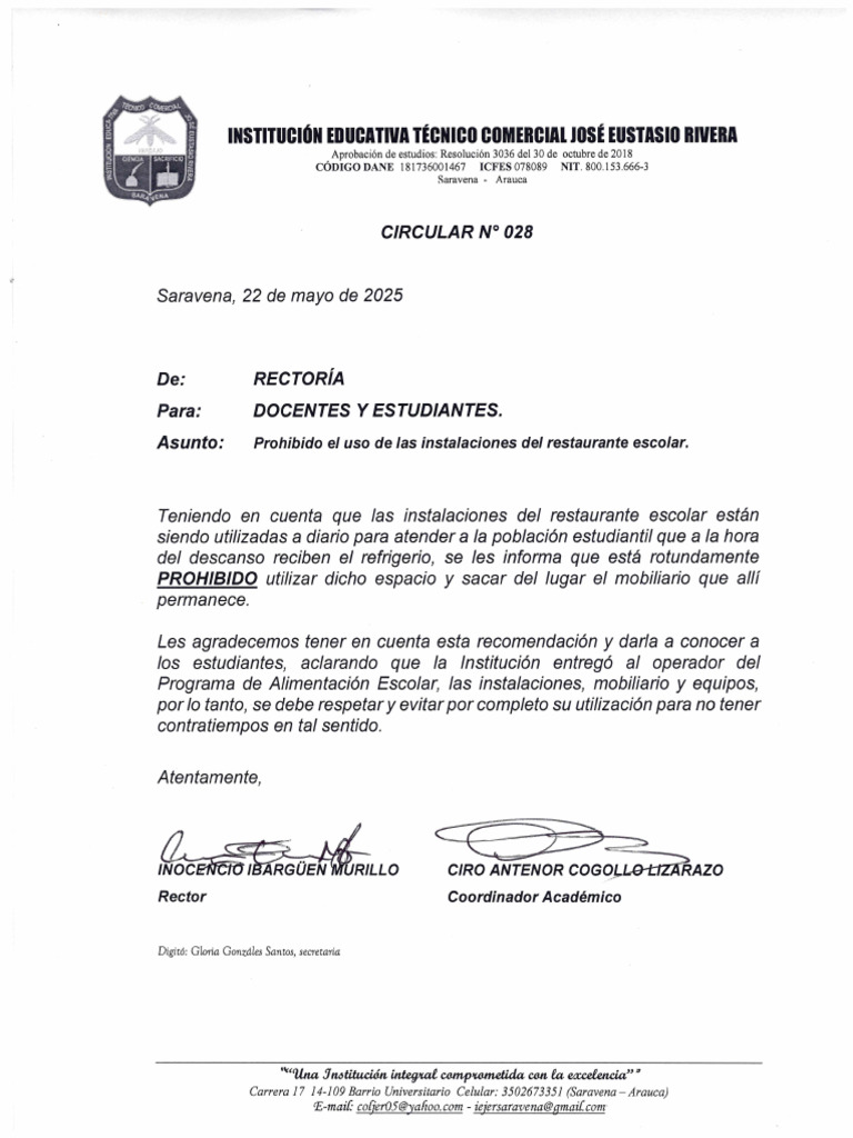 Circular 028 - Prohibido El Uso Instalaciones Del Restaurante Escolar | PDF