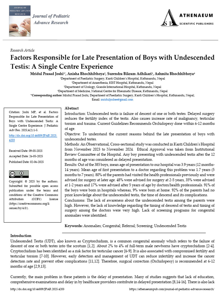 Factors Responsible For Late Presentation of Boys With Undescended ...