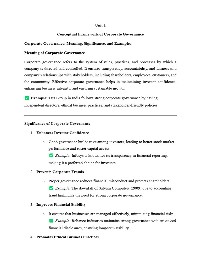 Unit 1 Conceptual Framework of Corporate Governance | PDF | Corporate Governance | Governance