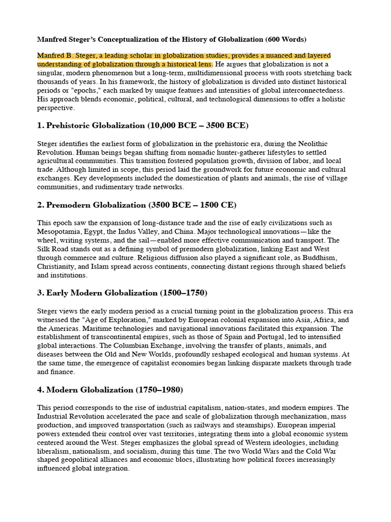 Steger's Historical Framework of Globalization | PDF | Globalization ...