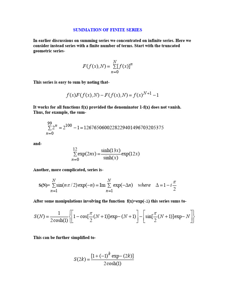 Summation of Finite Series | PDF | Discrete Mathematics | Mathematical ...
