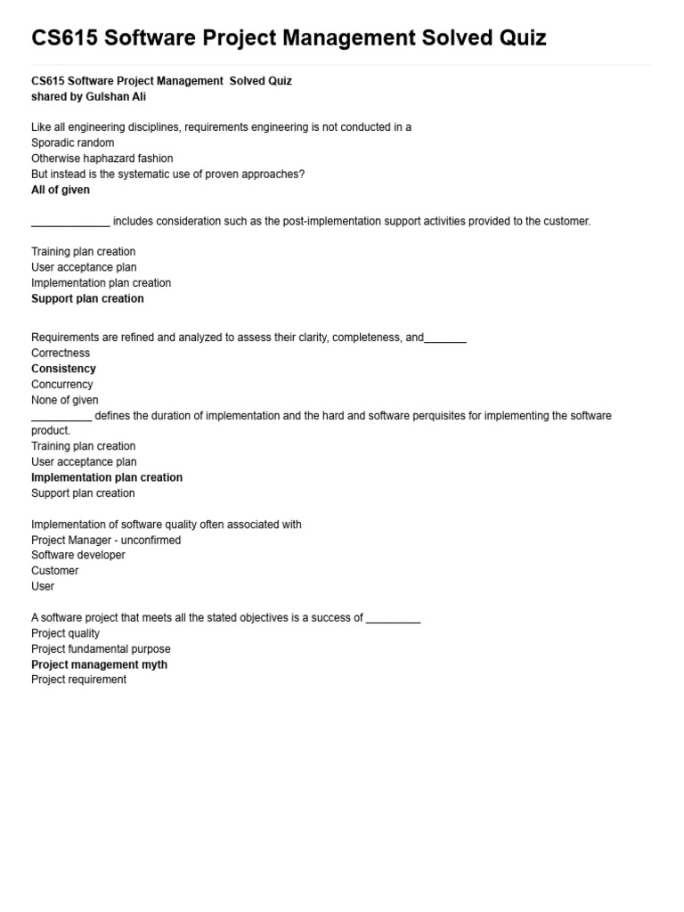 CS615 Software Project Management Solved Quiz | PDF