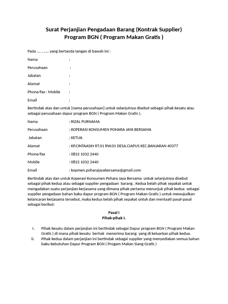 Surat Perjanjian Kerjasama Supplier BGN | PDF
