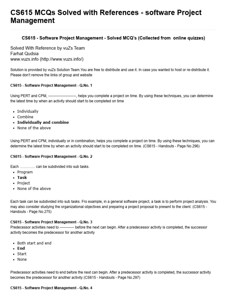 CS615 Software Project Management MCQs | PDF | Project Management ...