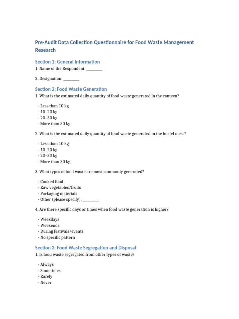 Food Waste Management Questionnaire Section Reset | PDF | Waste ...