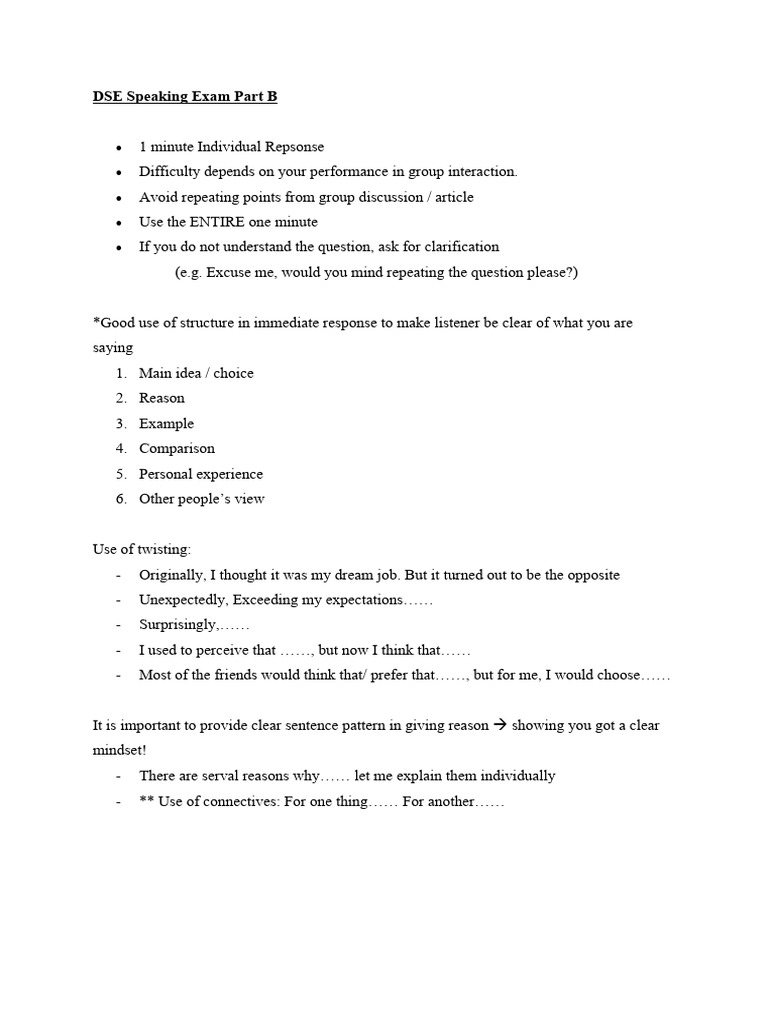 DSE Speaking Exam Part B Guidelines | PDF | Cognition | Cognitive Science