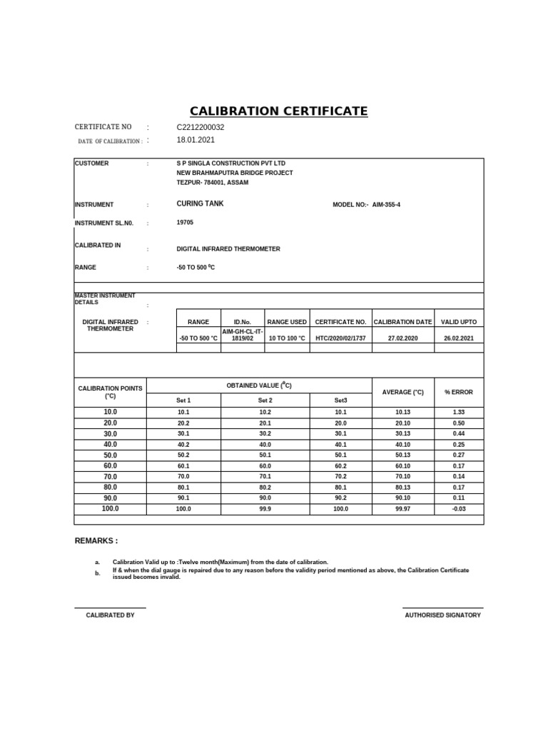 Calibration Certificate S P Singla Tejpur Curing Tank 18.01.2021 | PDF | Calibration | Physical ...