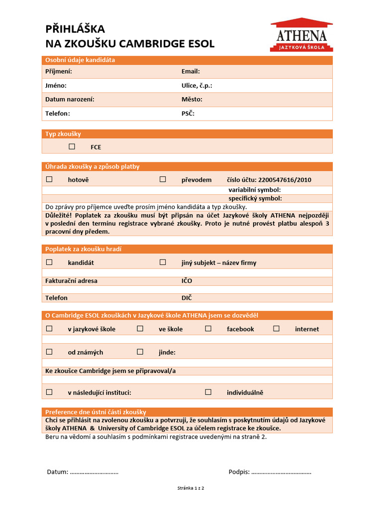 Prihlaska Na Zkousku Cambridge Esol | PDF