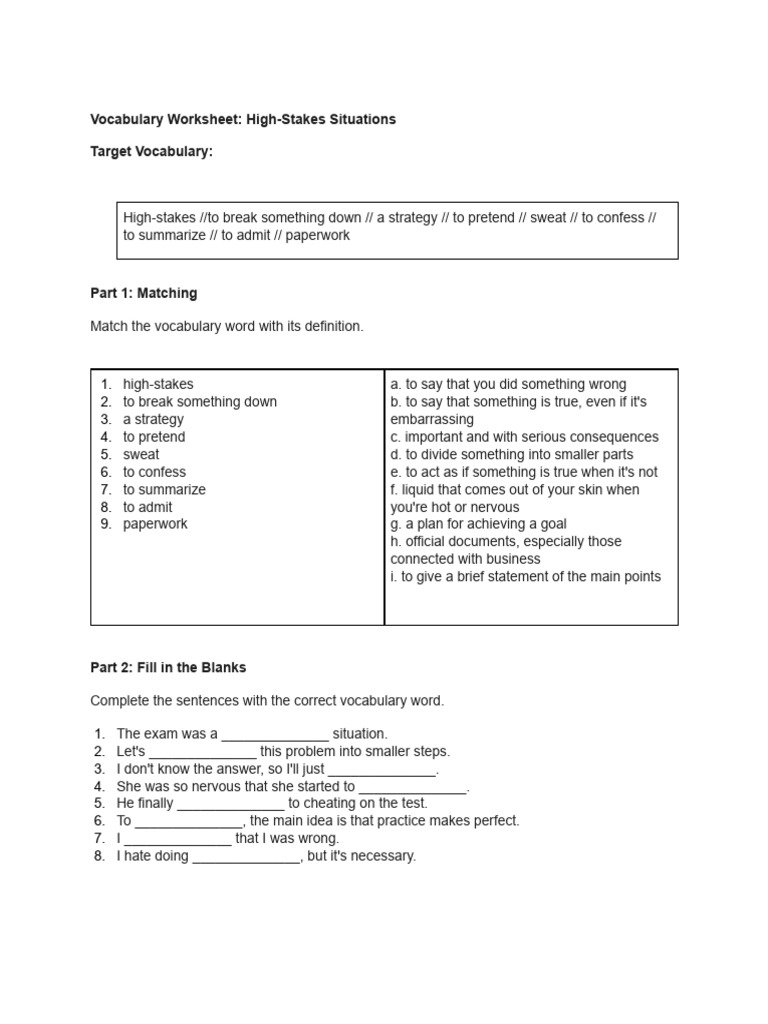 Vocabulary Worksheet - High-Stakes Situations | PDF