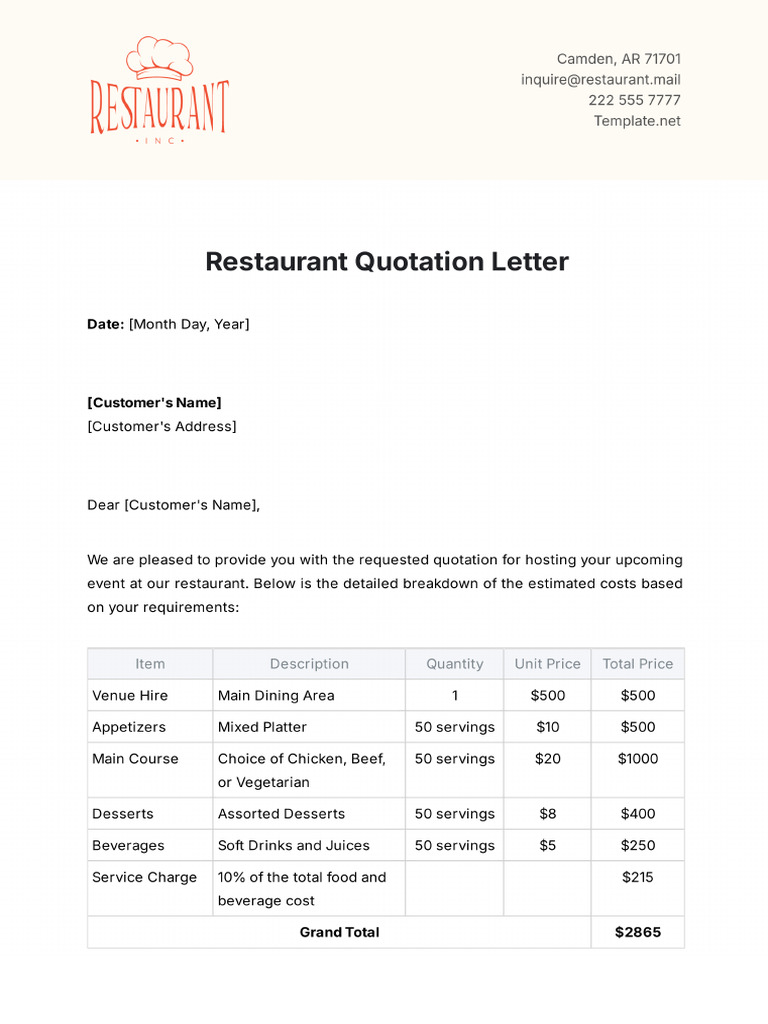 Restaurant Quotation Letter Template | PDF