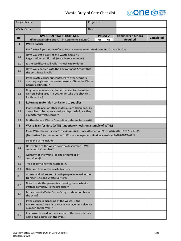 Waste Duty of Care Checklist (ALL-FRM-SHEA-035) | PDF | Waste | License