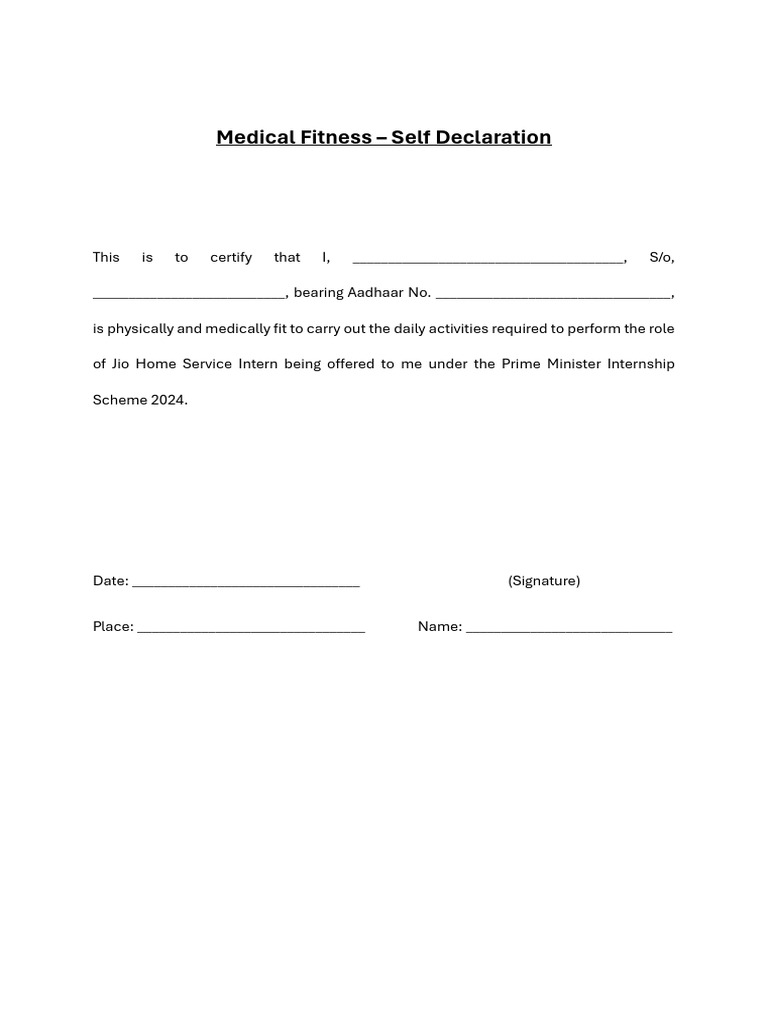 Medical Fitness Self Declaration | PDF