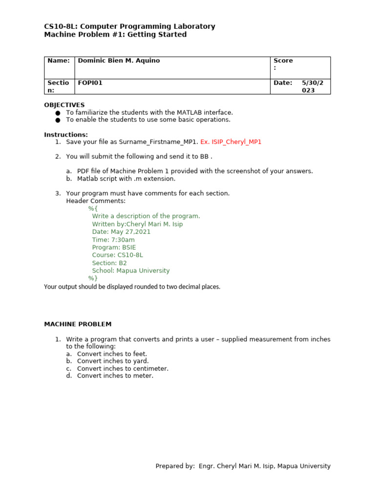 Aquino Dominic Bien MP1 | PDF | Computer Engineering | Computer Programming