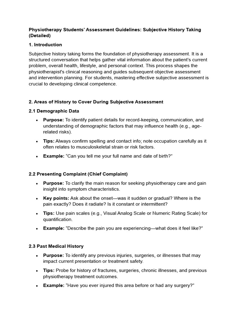 Physiotherapy Student Guidelines For Subjective Assessment Malaysia ...