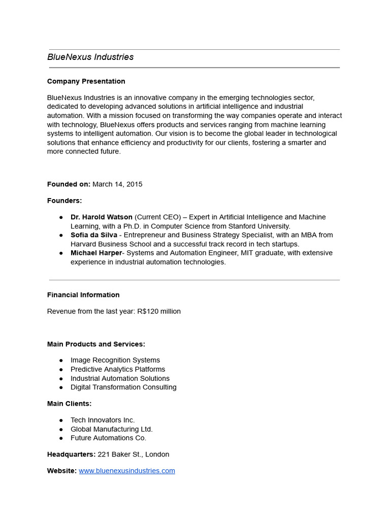 BlueNexus Industries - Presentation | PDF | Automation | Artificial Intelligence