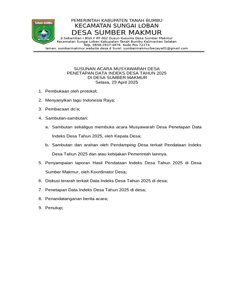 Susunan Acara Musdes Indeks Desa 2025 | PDF