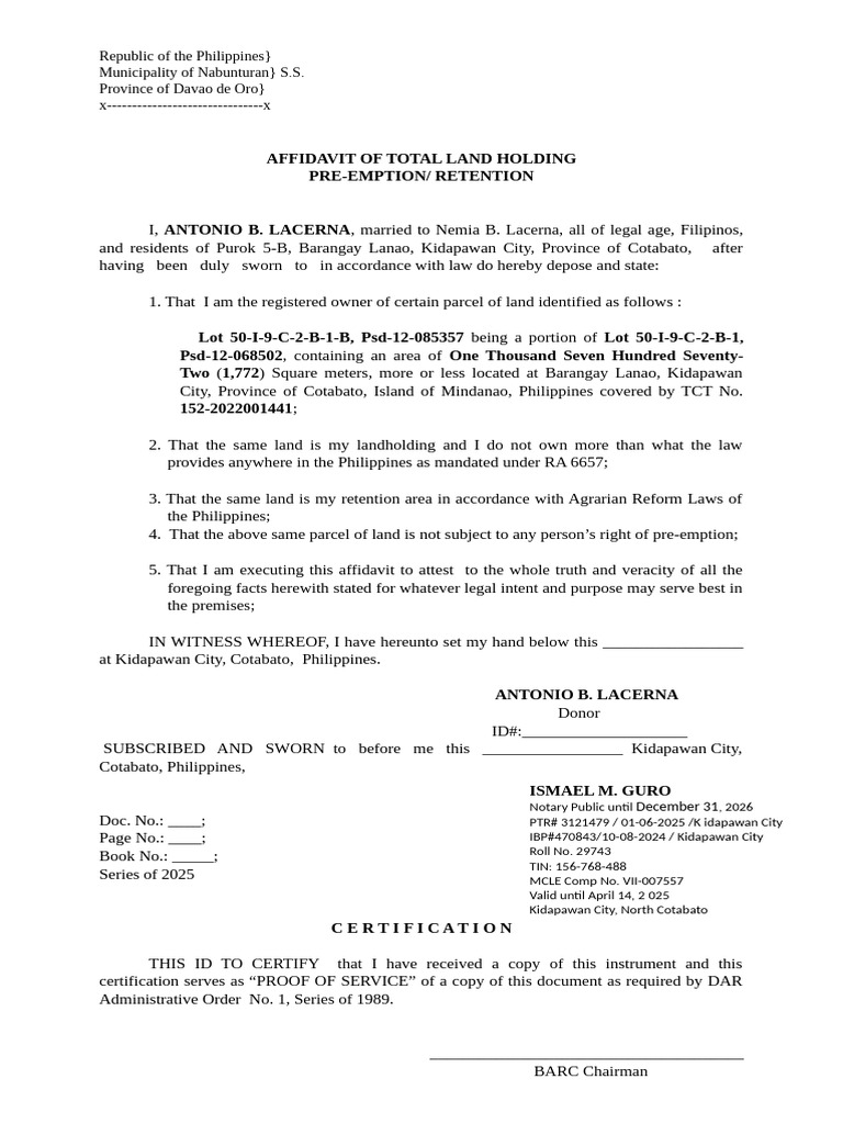 Affidavit of Pre-emption and Retention | PDF | Affidavit | Civil Law (Common Law)