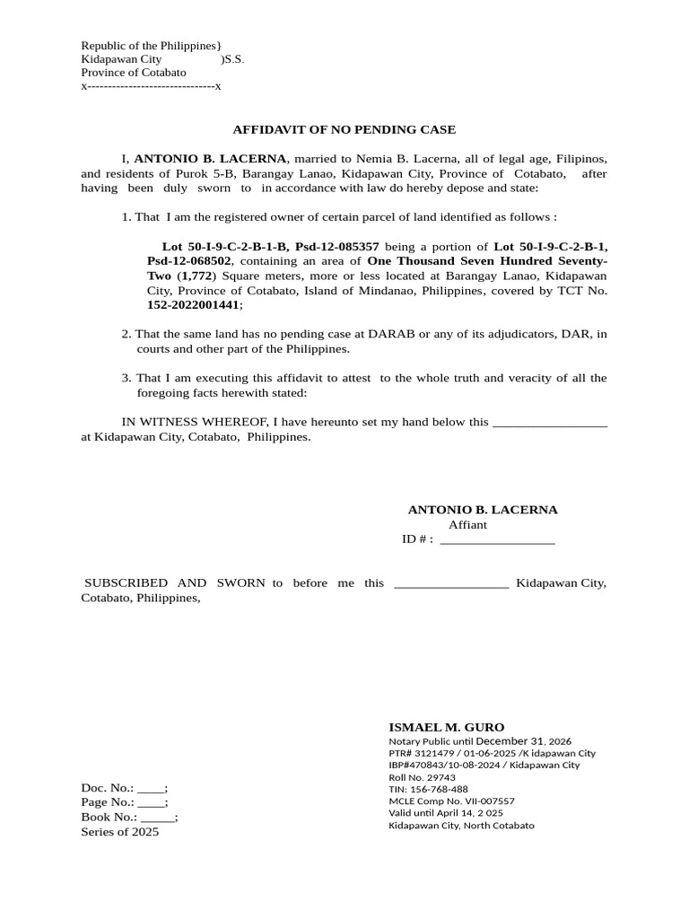 Affidavit of No Pending Case - Lacerna | PDF | Affidavit | Legal Procedure