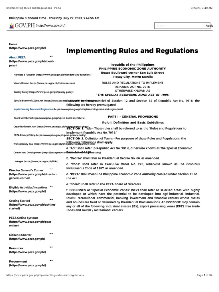 PEZA Implementing Rules Overview | PDF | Cost Of Living | Exports