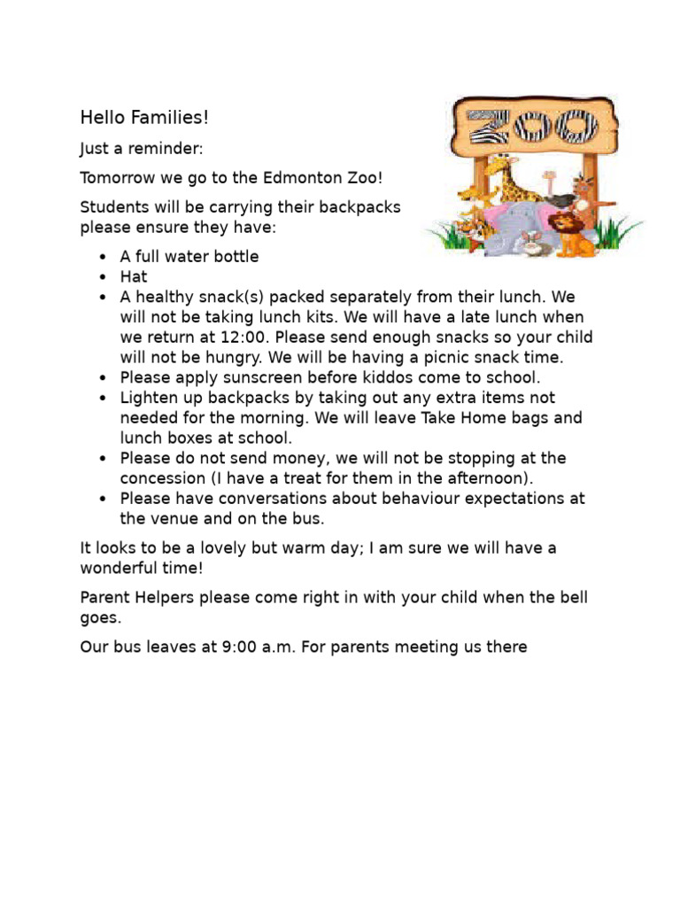 Edmonton Zoo Trip Reminder for Families | PDF
