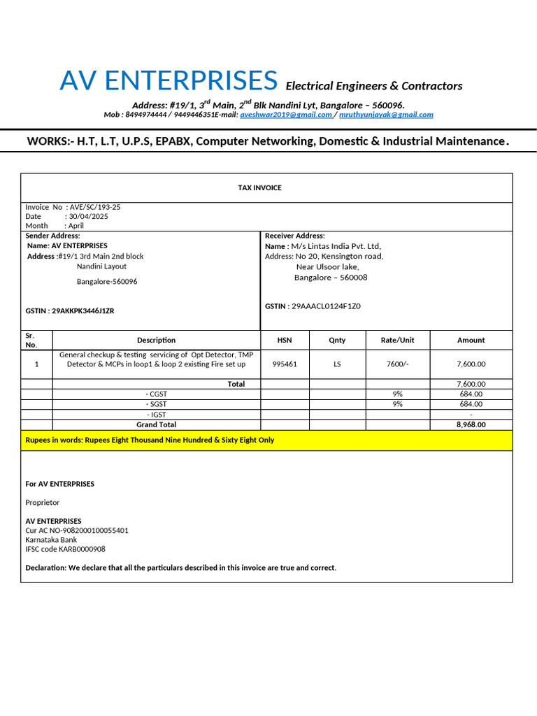 Lintas Fire Invoice | PDF