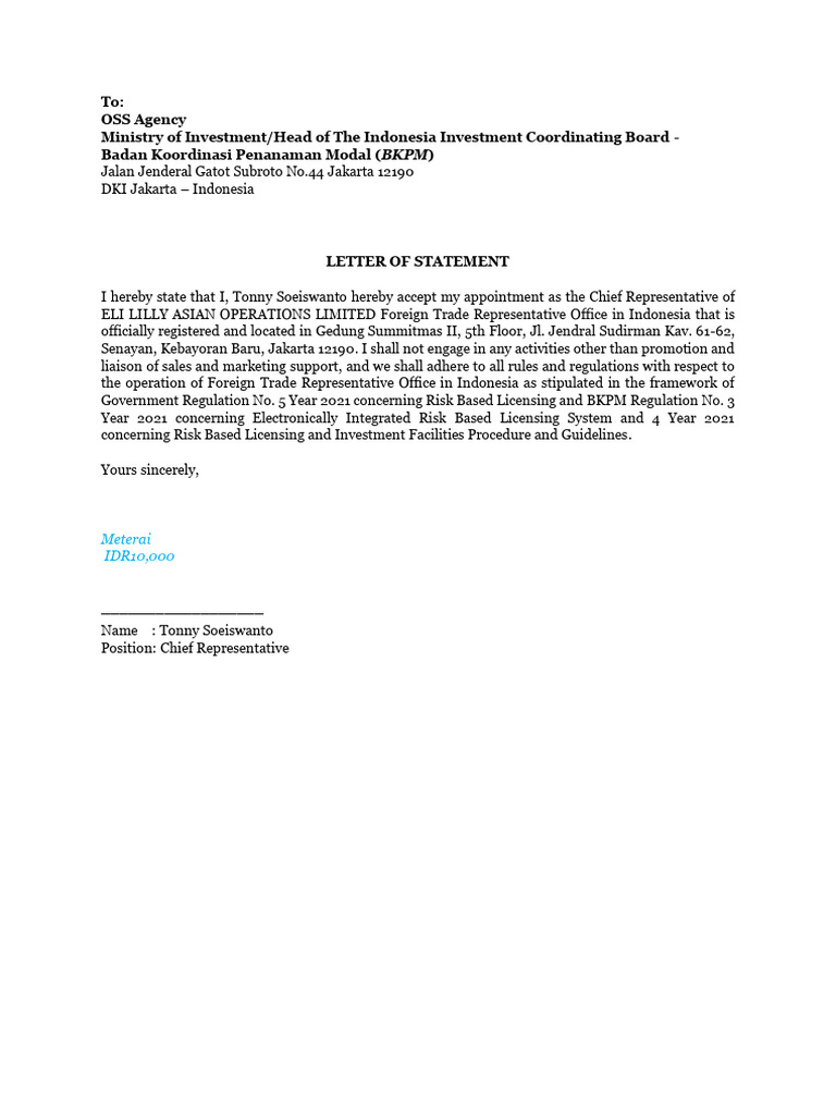 Letter of Statement From Chief Representative - Eli Lilly Asian ...