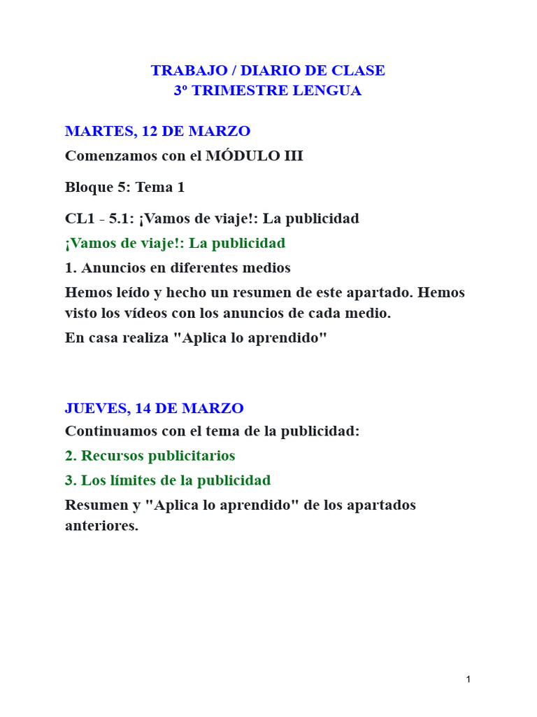 Trabajo - Diario de Clase 3º Trimestre Lengua | PDF | Gramática ...