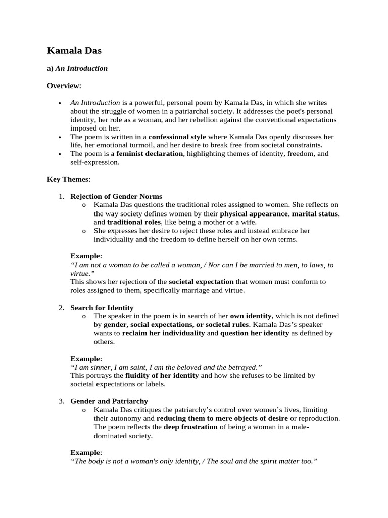 Kamala Das Poems Notes and MCQs | PDF | Love | Gender Studies
